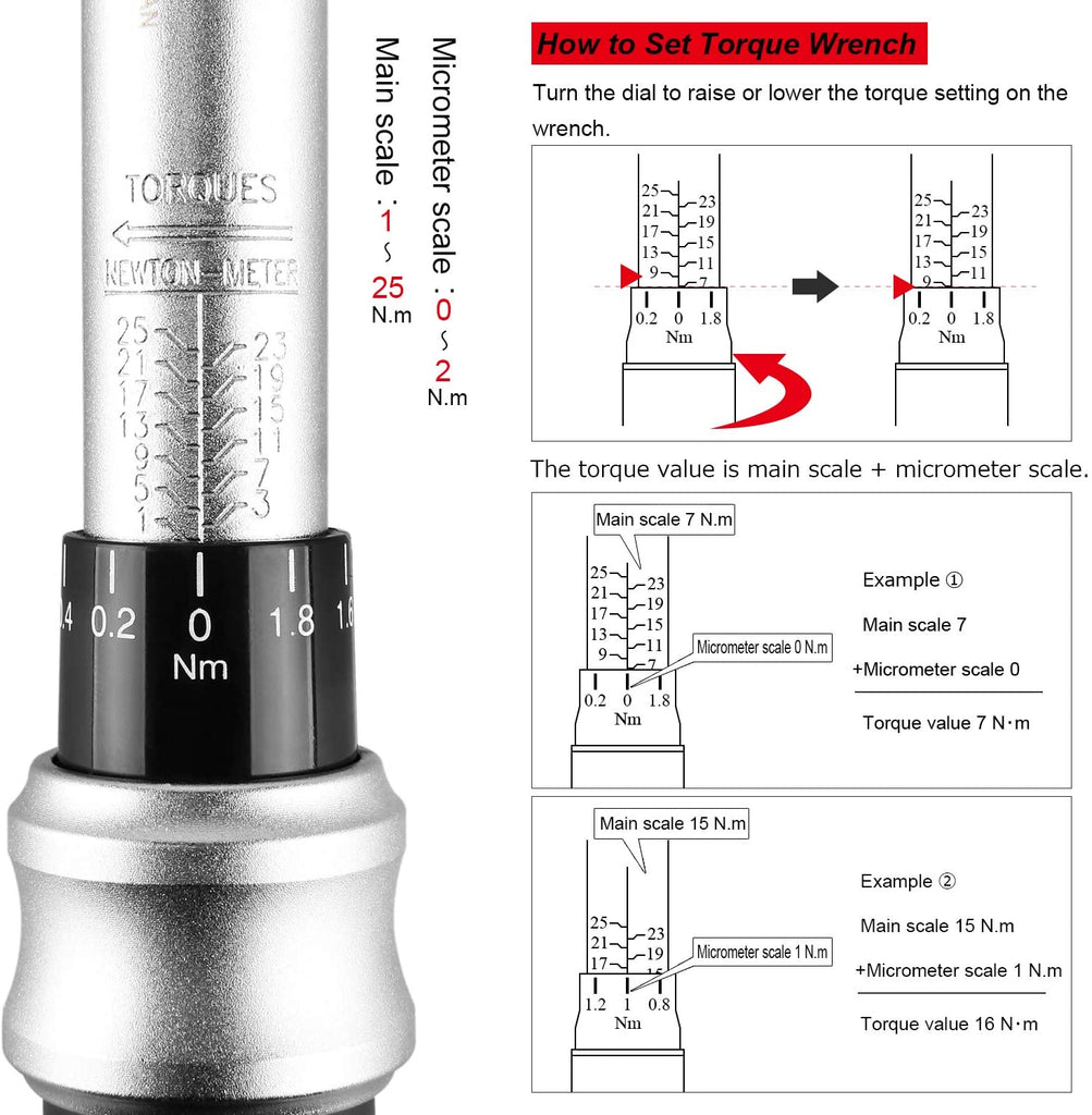 Bike Torque Wrench Set 1/4" Drive Click 1-25 Nm - Bicycle Maintenance ...